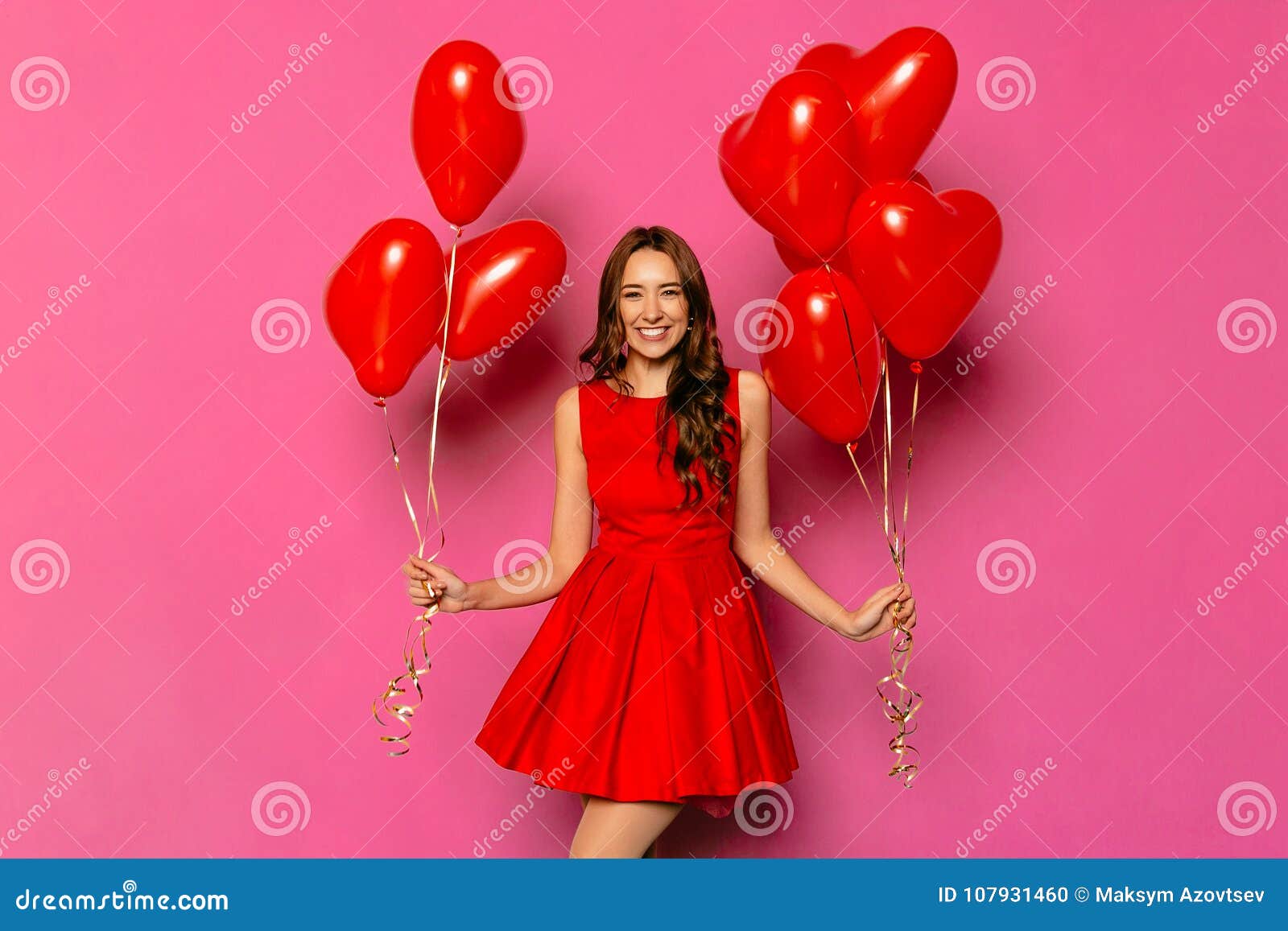 Beautiful Woman With Heart Shaped Air Balloons On Valentine`s Day