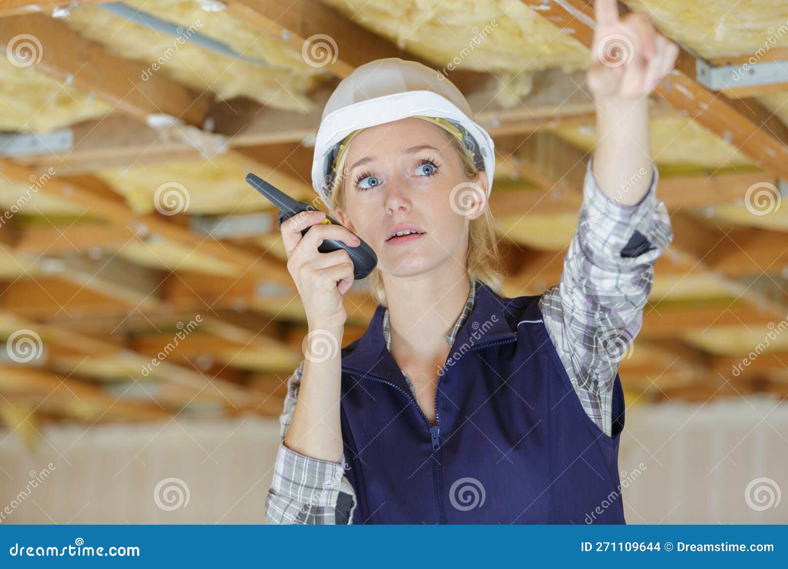 Beautiful Woman in Helmet Using Walkie-talkie Stock Photo - Image of ...