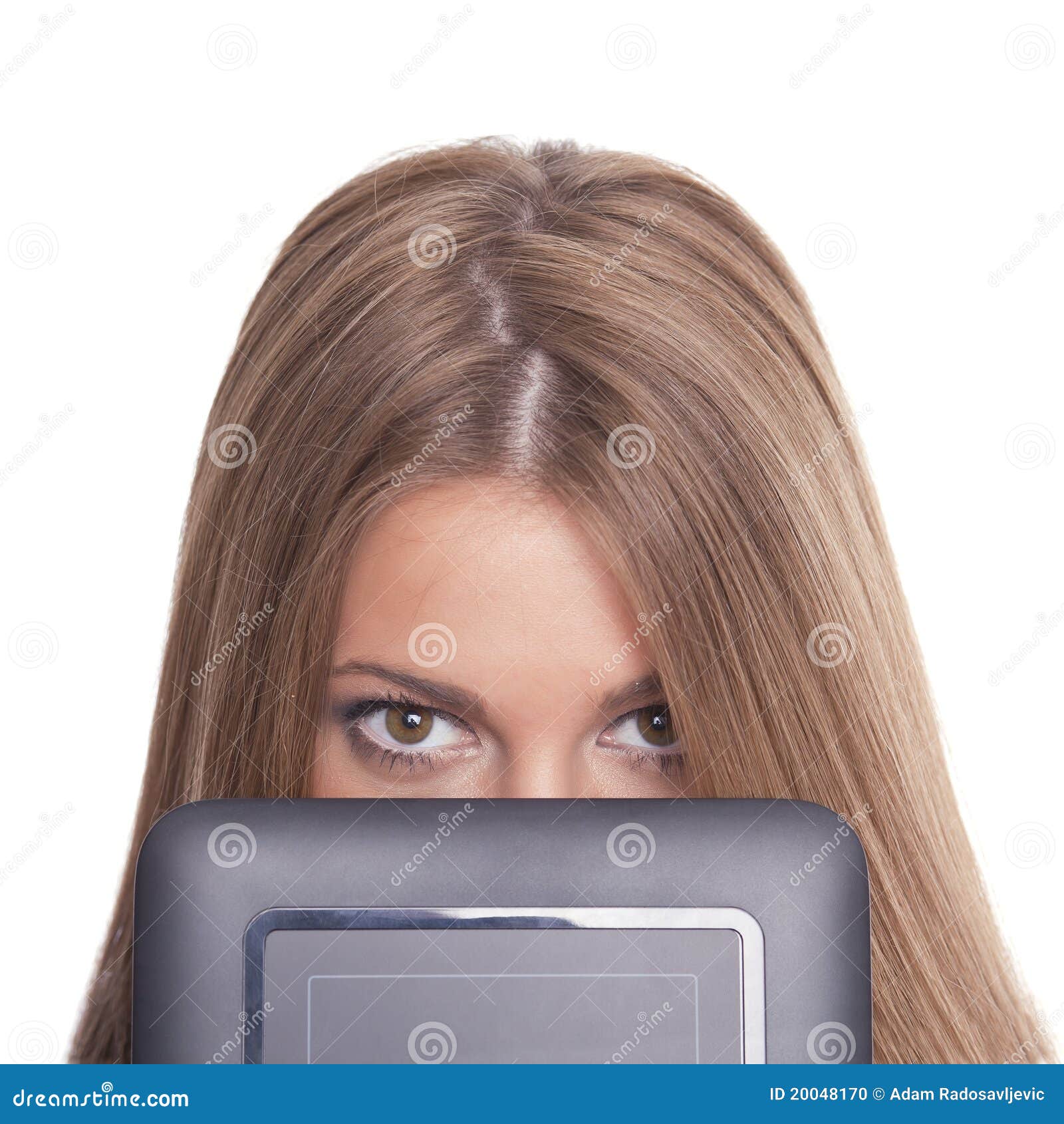 Beautiful Woman Hiding Face with Tablet Computer Stock Photo - Image of ...