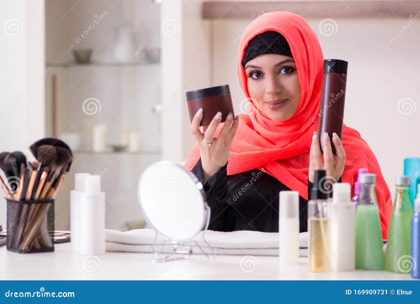 Beautiful Woman in Hijab Applying Make-up Stock Image - Image of islam ...