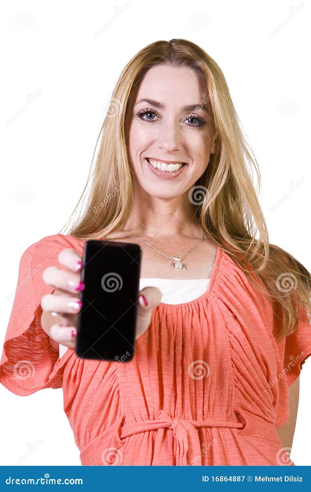 Beautiful Woman Holding a Cell Phone Stock Image - Image of isolate ...