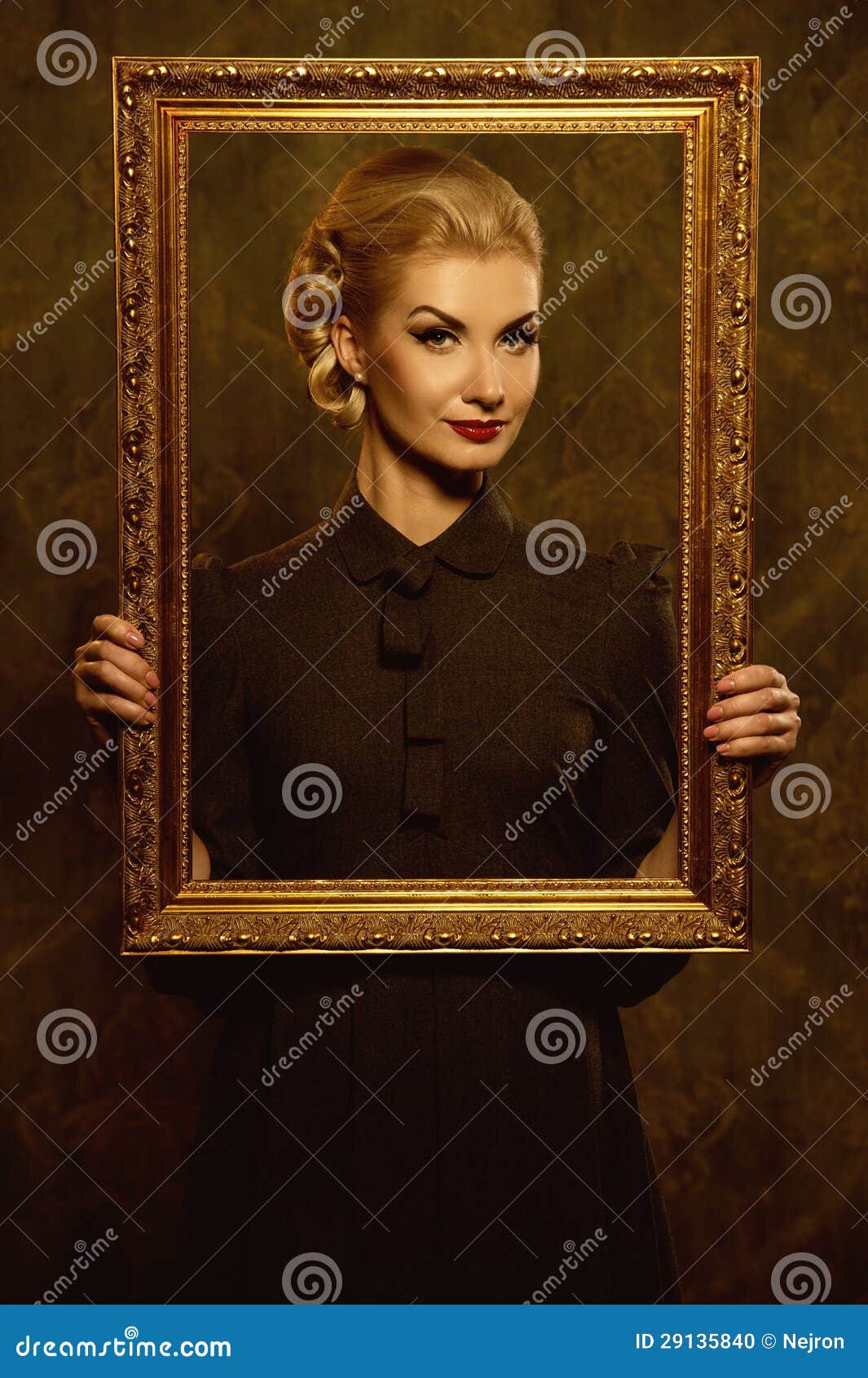 Beautiful Woman Holding Frame Stock Photo - Image of attractive, dress ...