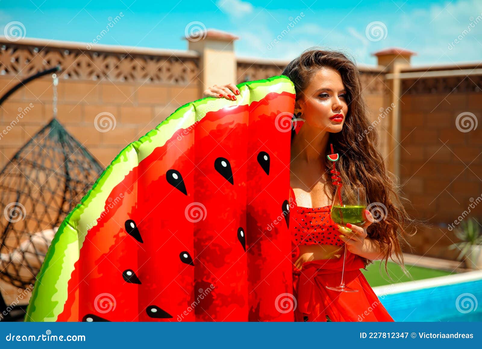 Beautiful Woman Holding Glass Coctail By Watermelon Float Mattress