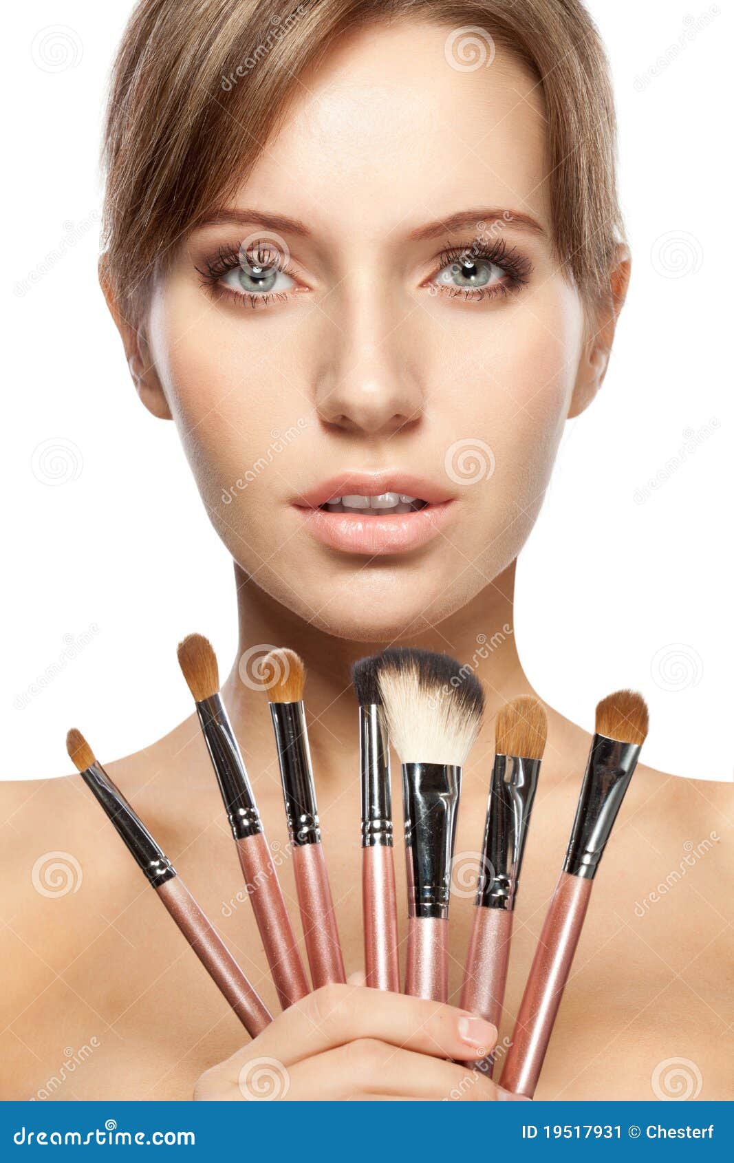 Beautiful Woman Holding Makeup Brushes Set Stock Image - Image of ...