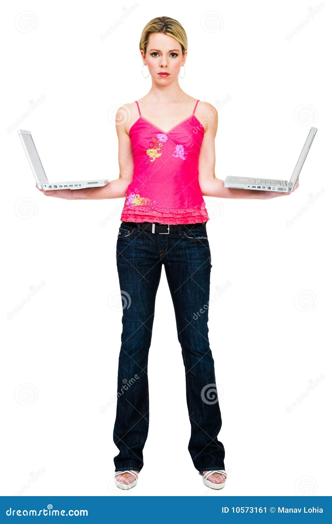 Beautiful Woman Holding Two Laptop Computers Stock Image - Image of ...