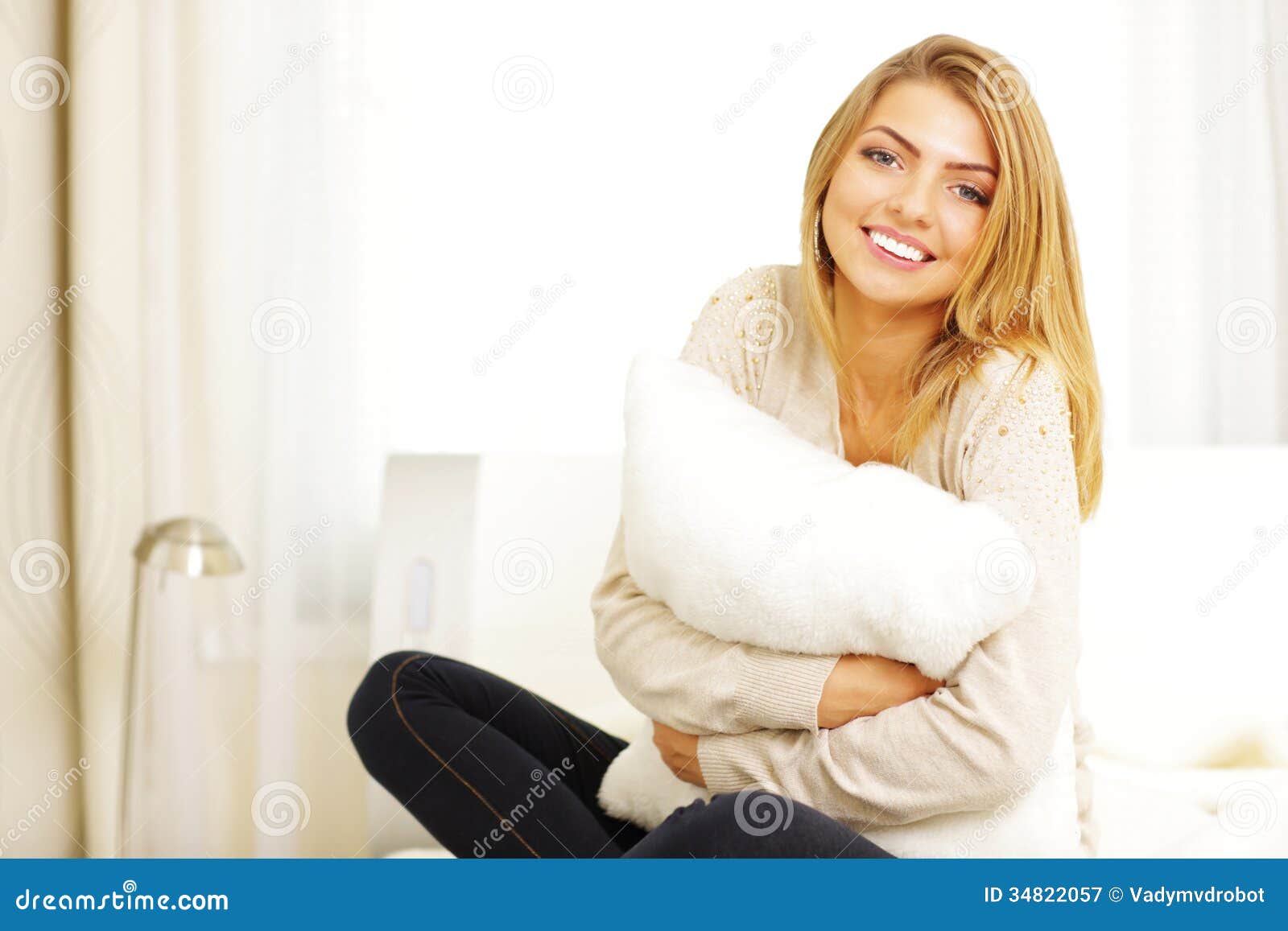 Beautiful Woman Hugging Pillow Stock Image - Image of health, casual ...