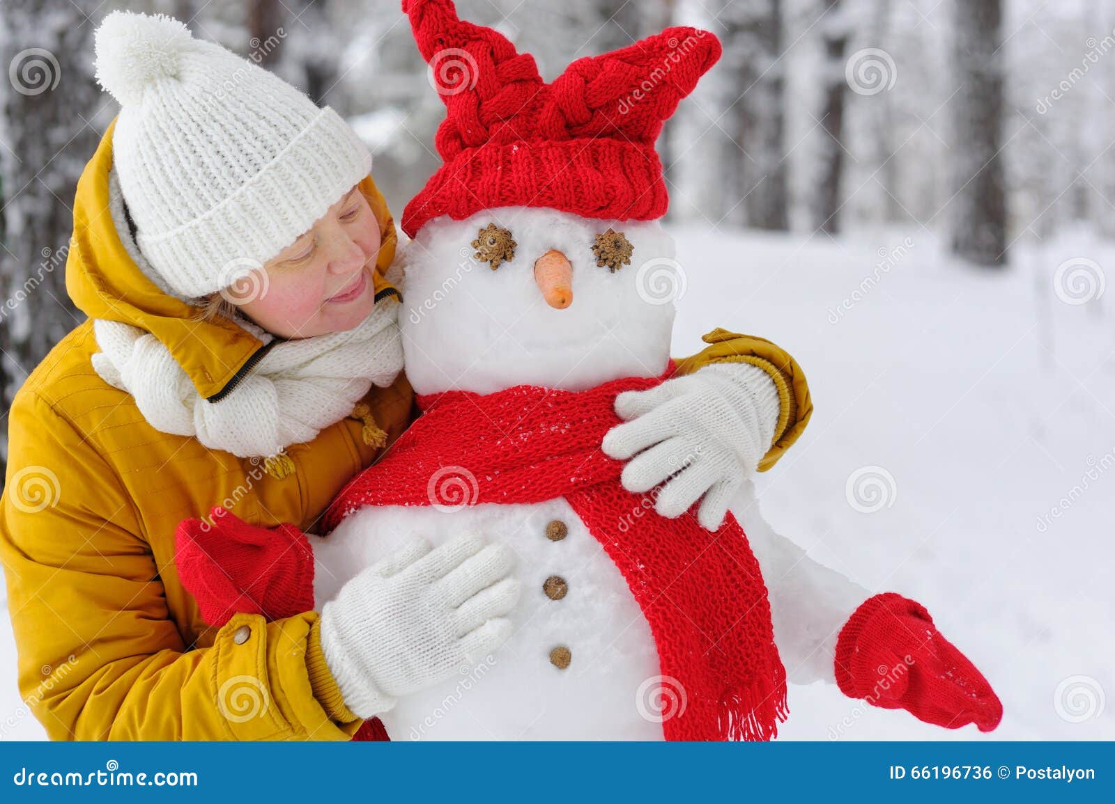 Beautiful Woman Hugging a Snowman. Stock Photo - Image of cheerful ...