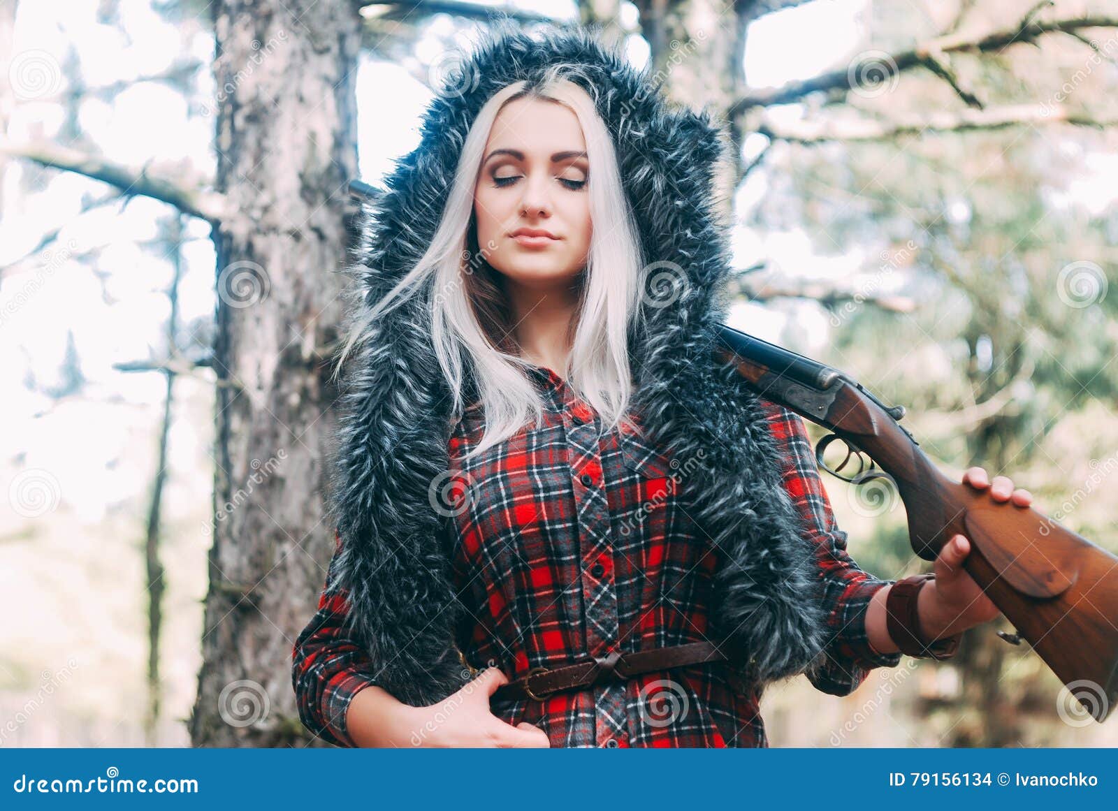 Beautiful Woman Hunter in Forest with Gun Stock Photo - Image of ...