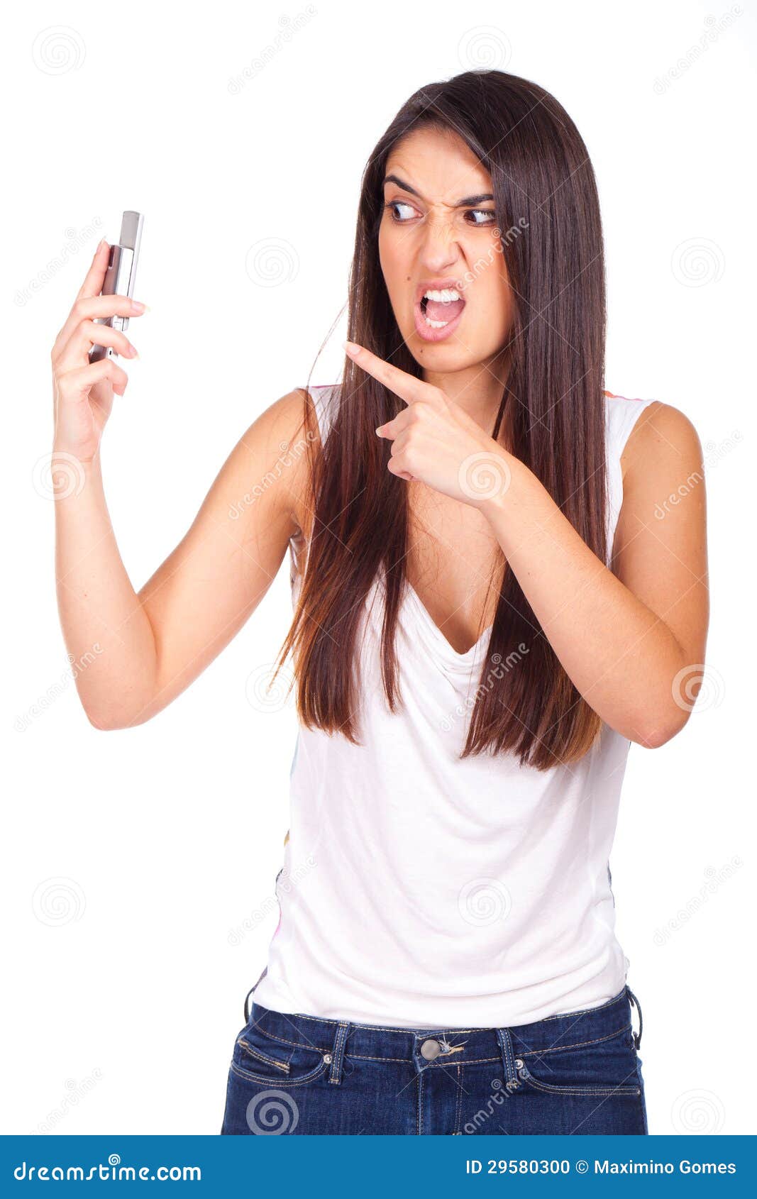Beautiful Woman Irritated by the Phone Stock Photo - Image of white ...