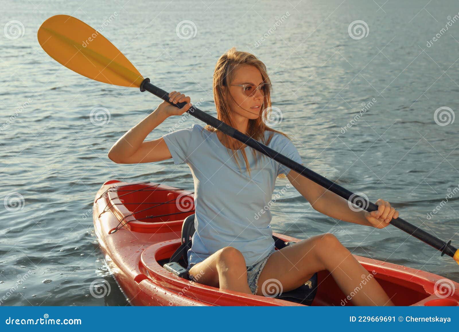 Beautiful Woman Kayaking on River. Summer Activity Stock Image - Image ...