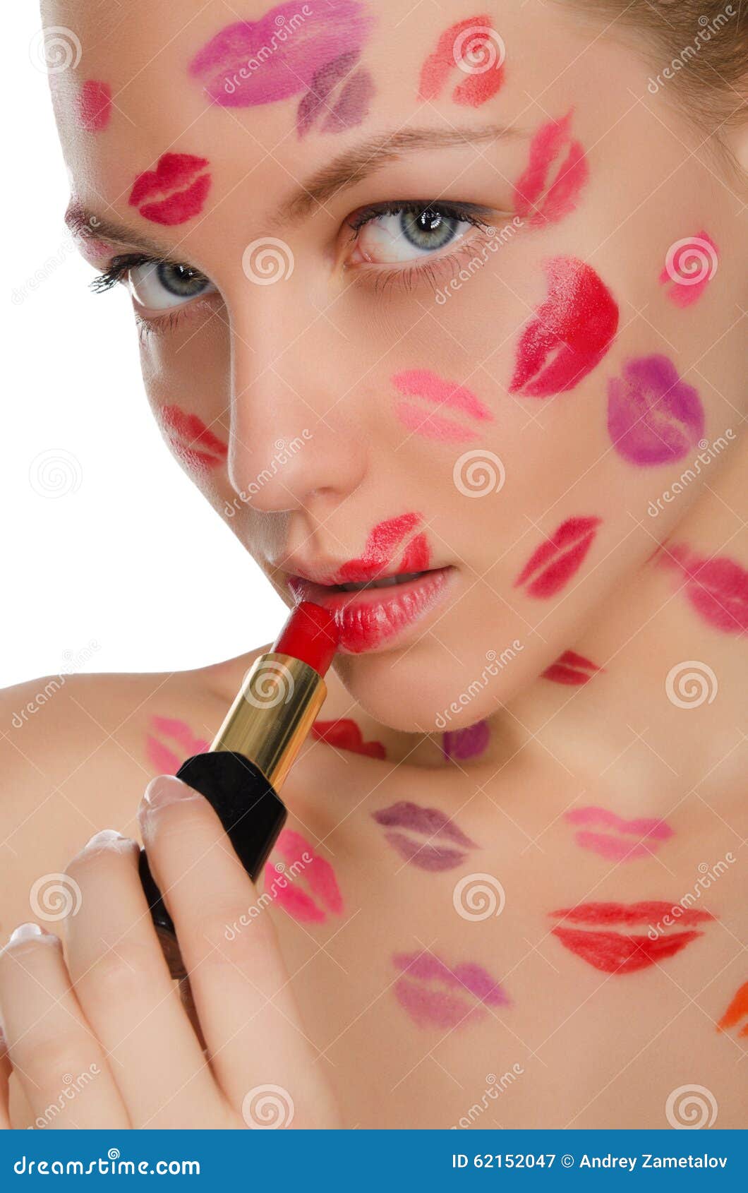 Beautiful Woman With Kisses On Face In Lipstick And Lips Stock Image