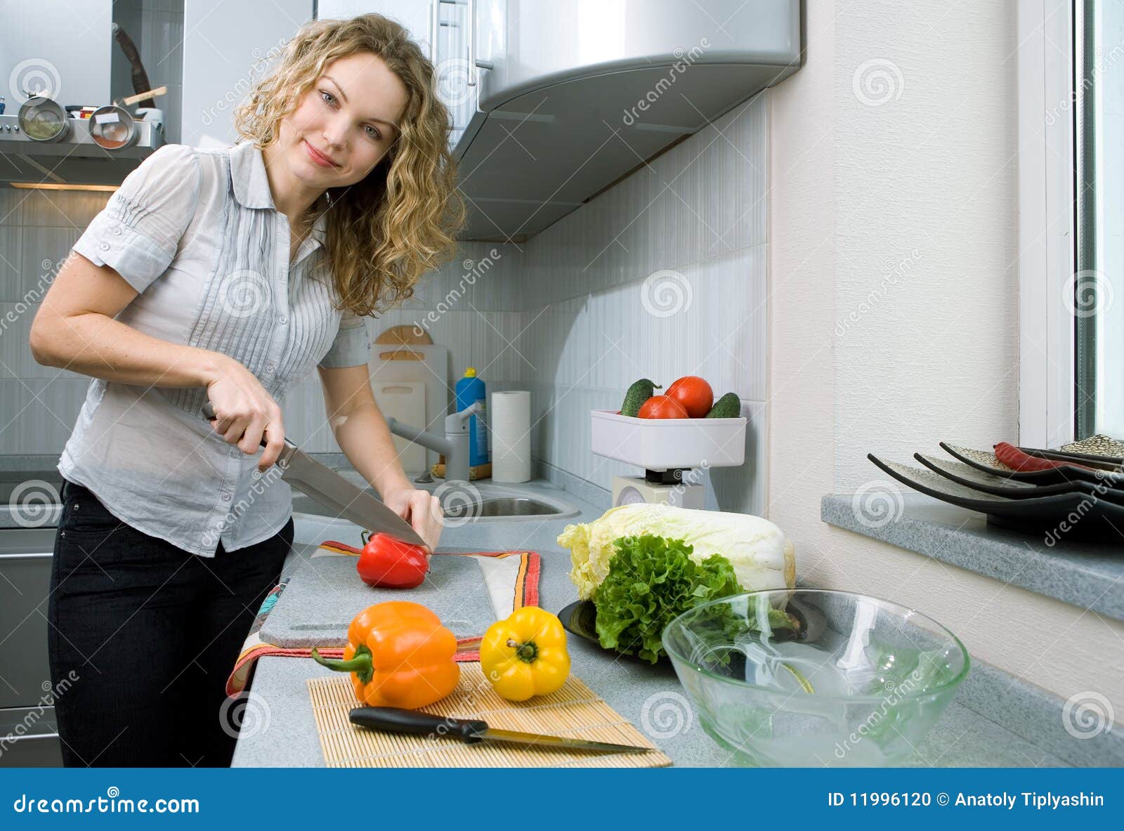 Beautiful woman in kitchen stock photo. Image of pepper - 11996120