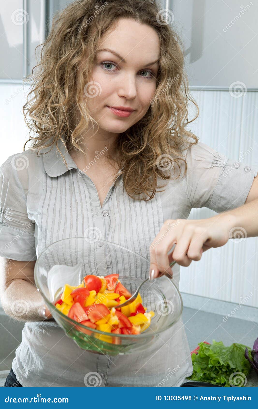 Beautiful woman in kitchen stock photo. Image of vegetables - 13035498