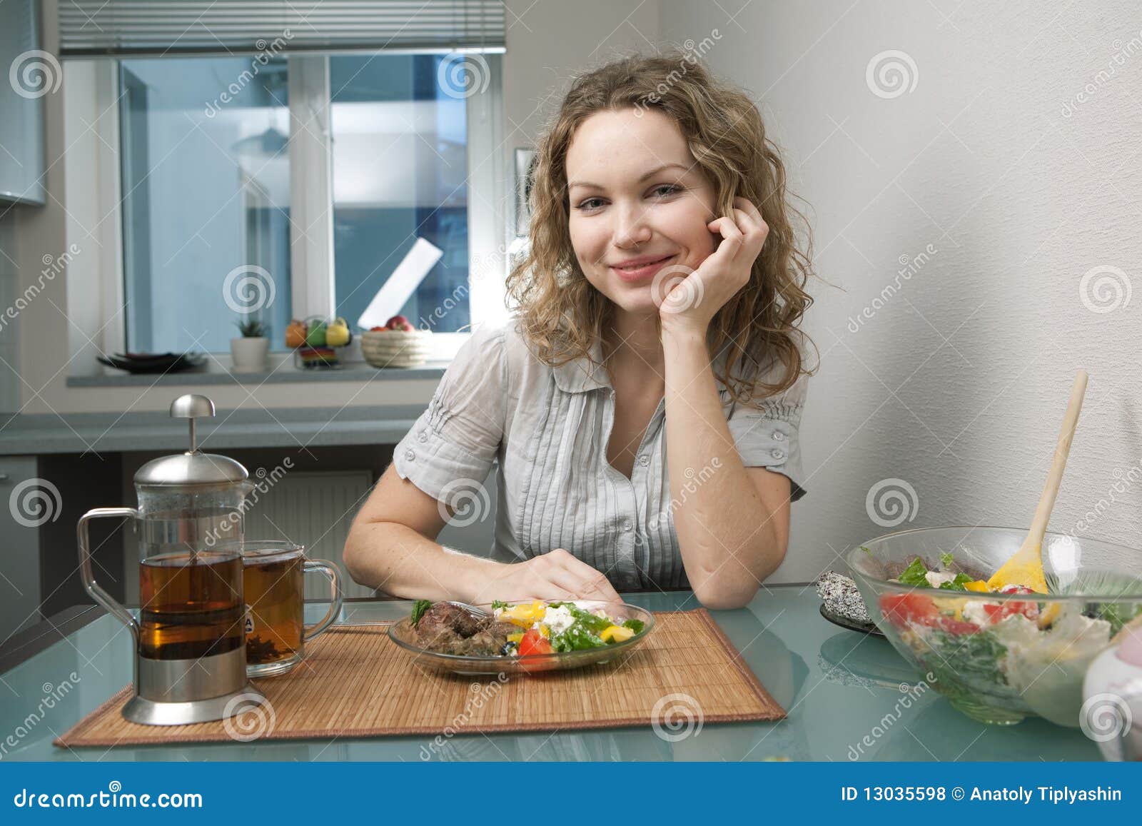 Beautiful woman in kitchen stock photo. Image of kitchen - 13035598