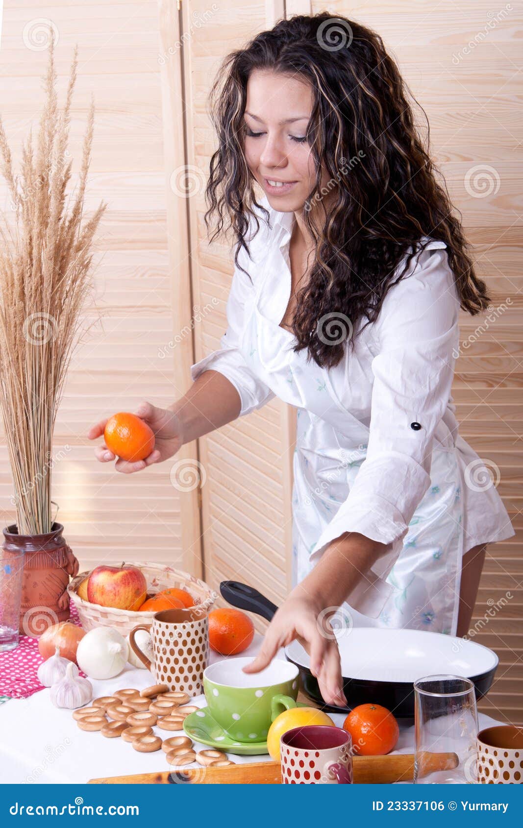 Beautiful Woman in Kitchen Making Breakfast Stock Photo - Image of ...