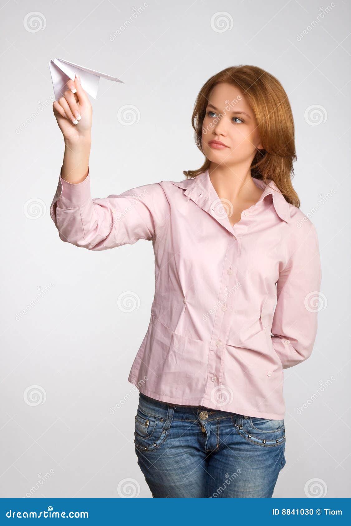 Beautiful Woman Launching Paper Plane Up Stock Photo - Image of people ...