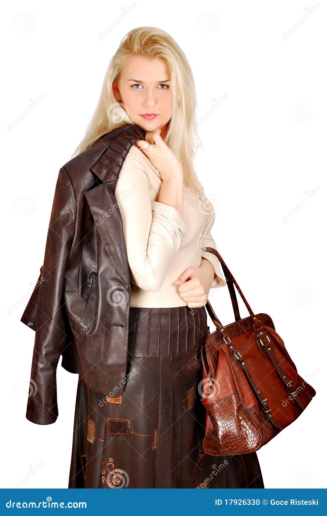 Beautiful Woman with Leather Jacket and Bag Posing Stock Photo - Image ...