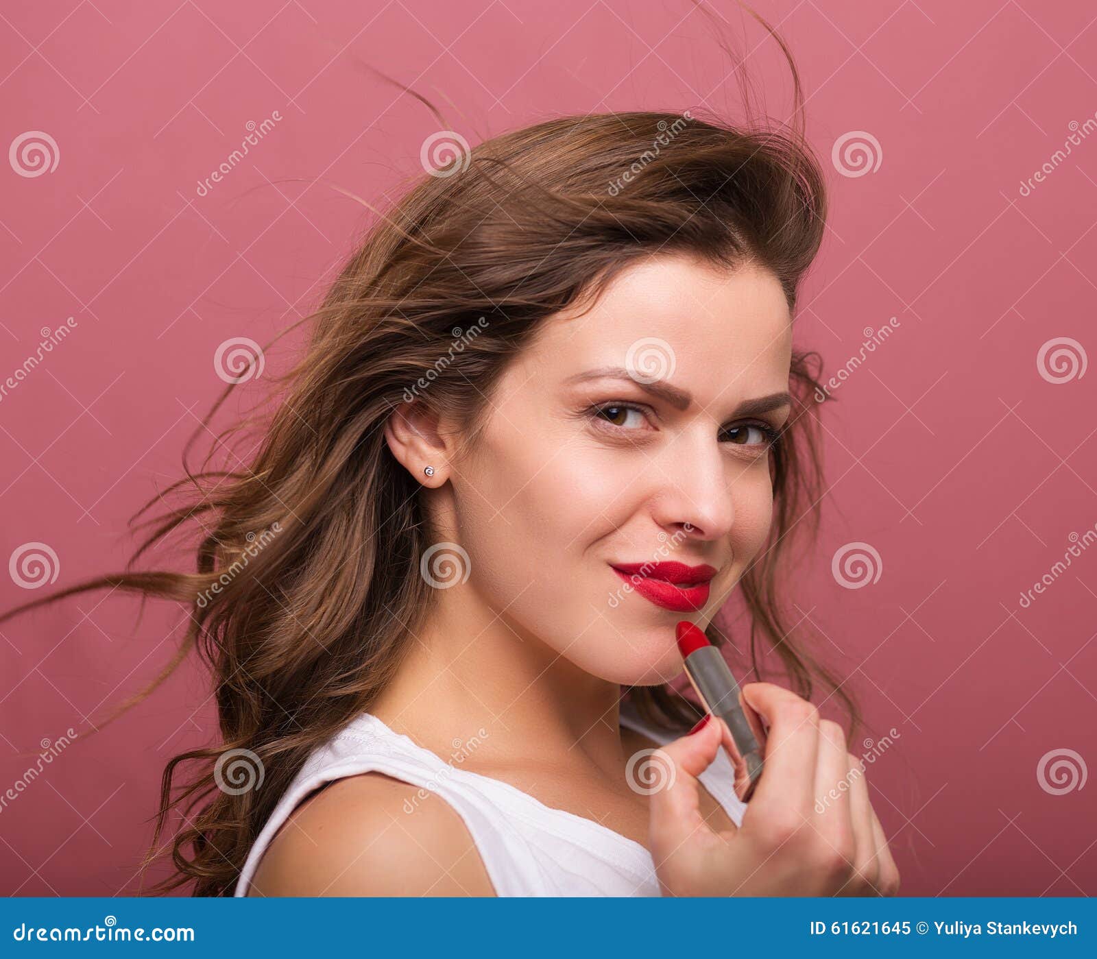 Beautiful Woman With A Lipstick Stock Image Image Of Happy Looking