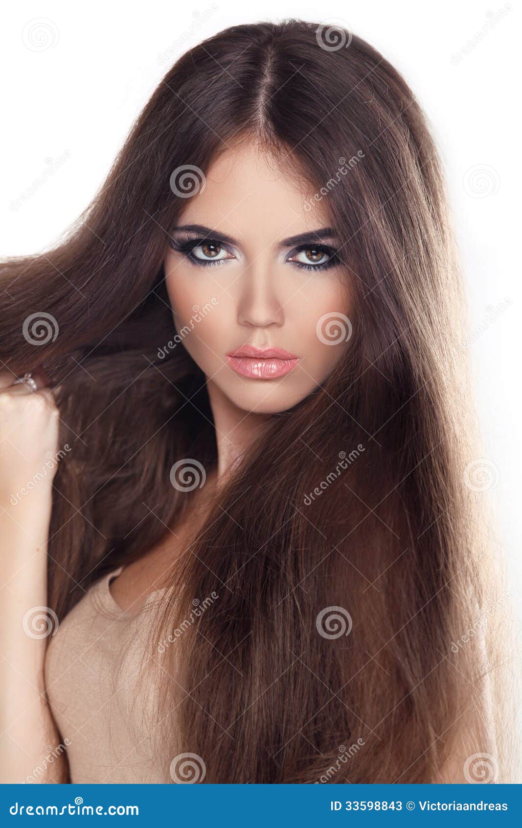 Beautiful Woman With Long Brown Hair Closeup Portrait Of A Fashion