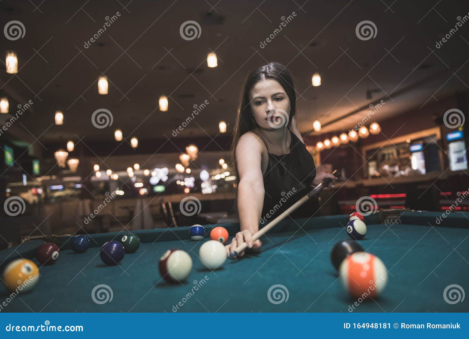 Beautiful Woman With Long Hair Playing Billiard Stock Image Image Of