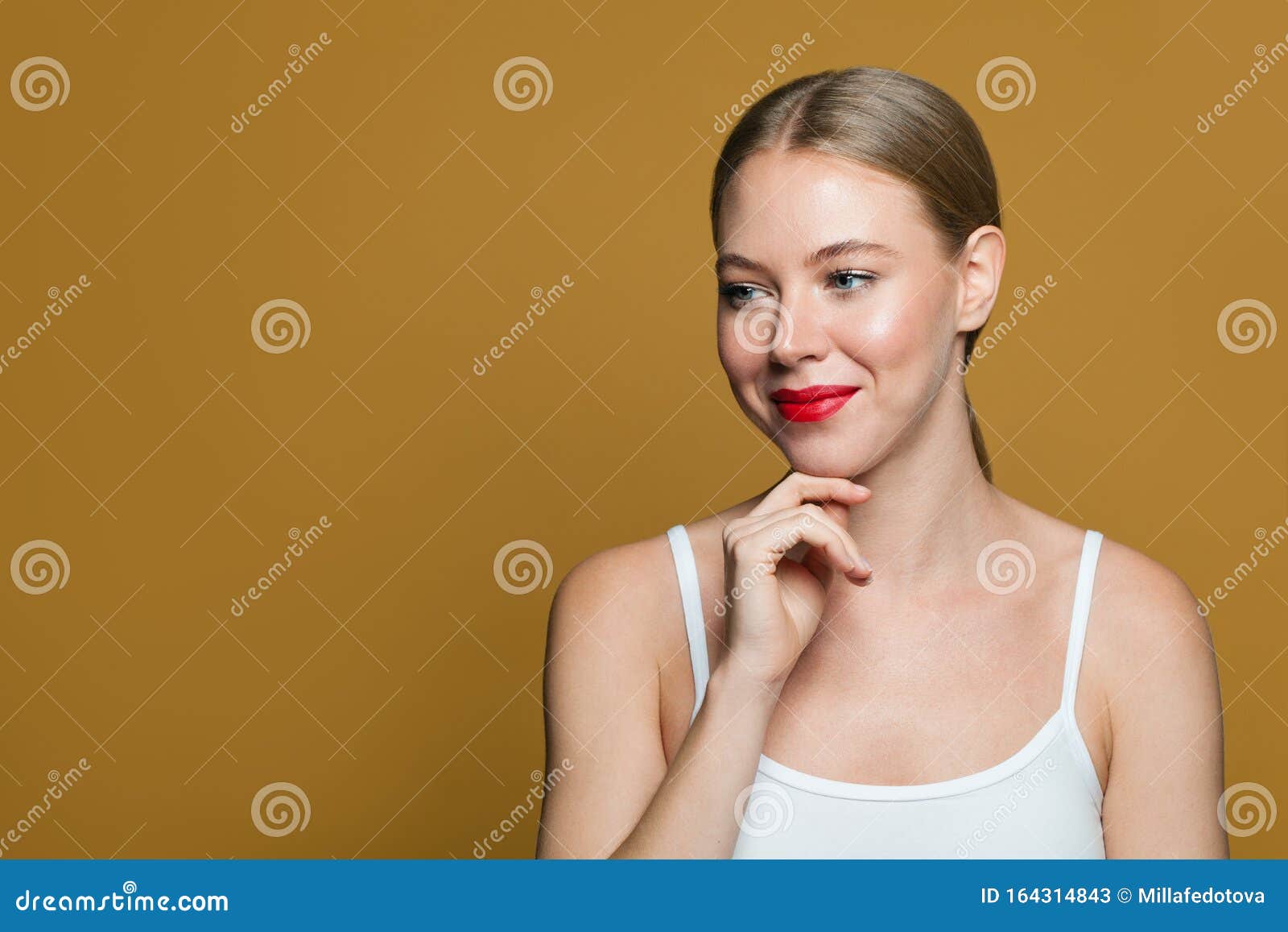 Beautiful Woman Looking Aside on Yellow Background Stock Image - Image ...
