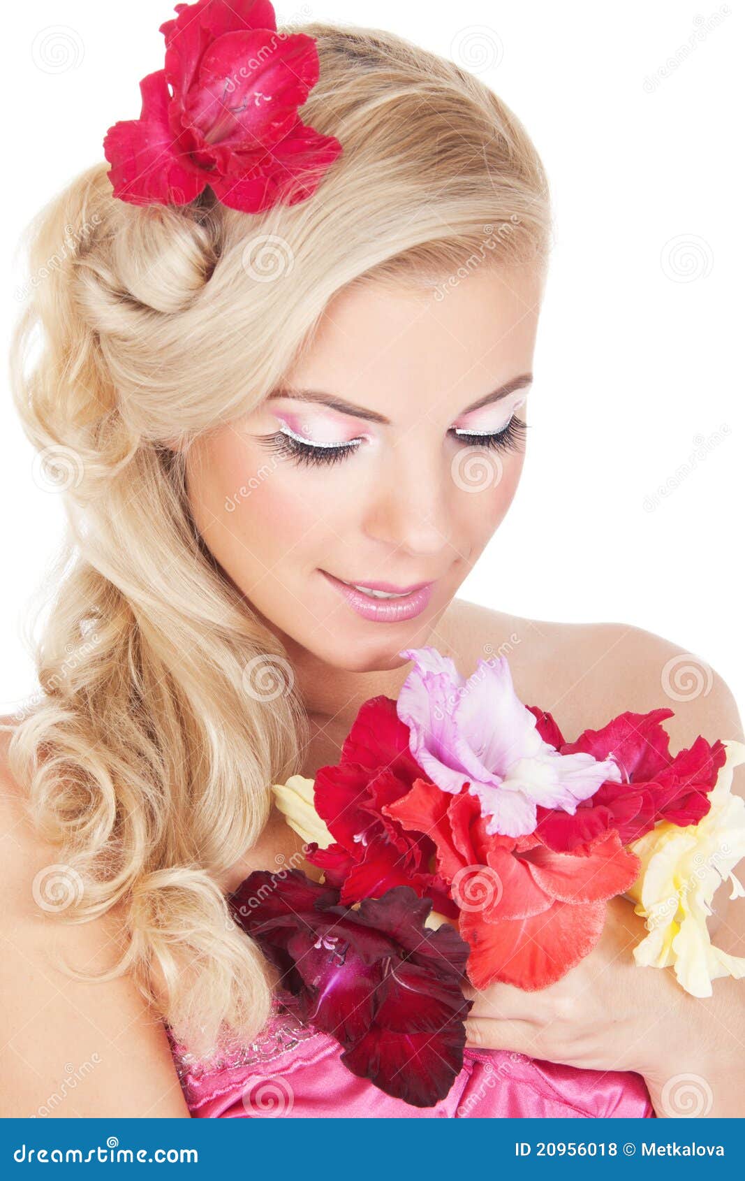 Beautiful Woman Looking at the Flowers Stock Photo - Image of cute ...