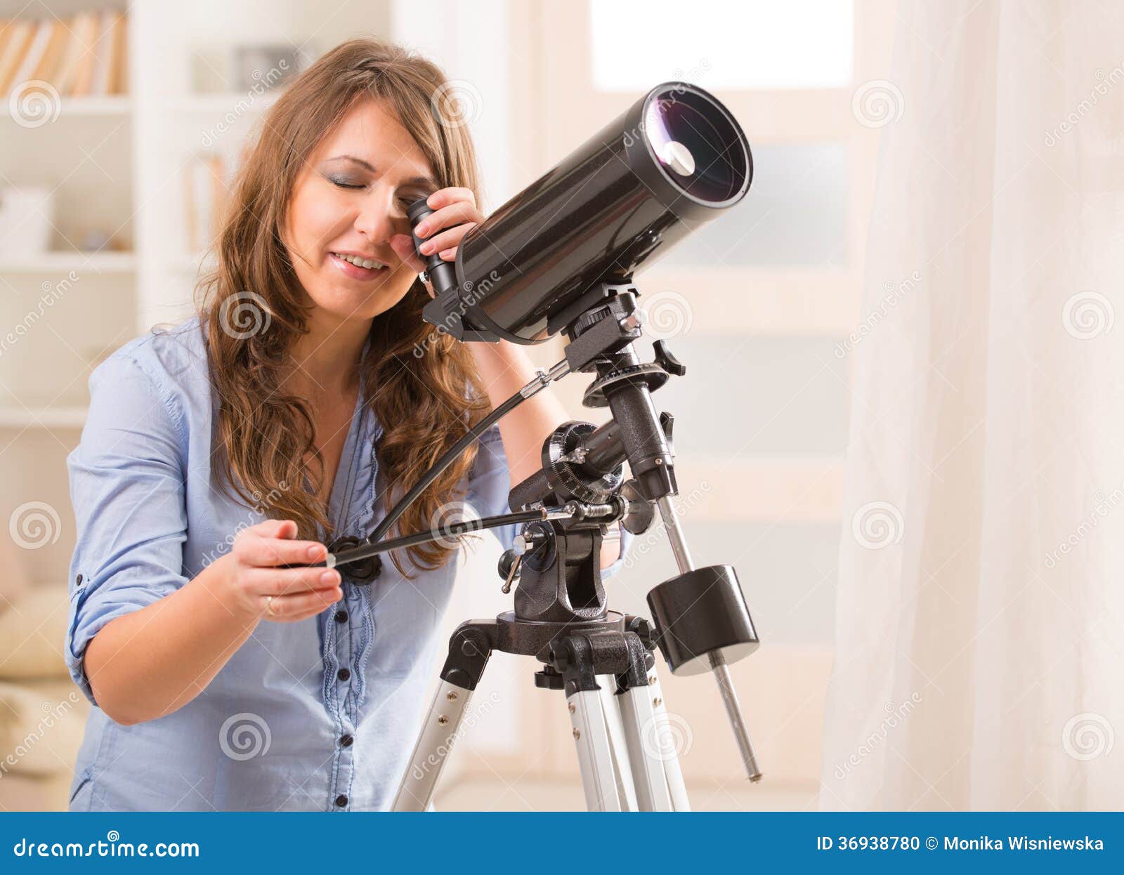 Beautiful Woman Looking through Telescope Stock Photo - Image of people ...
