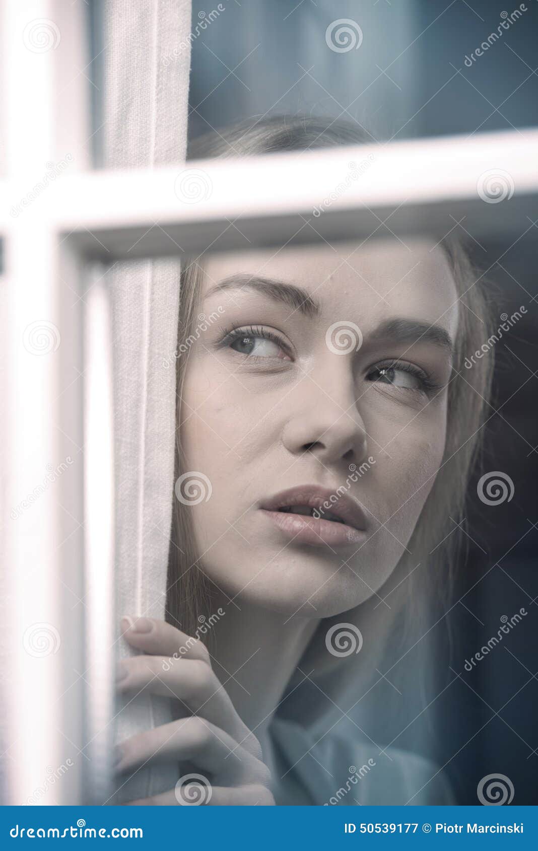 Beautiful Woman Looking by the Window. Stock Image - Image of human ...