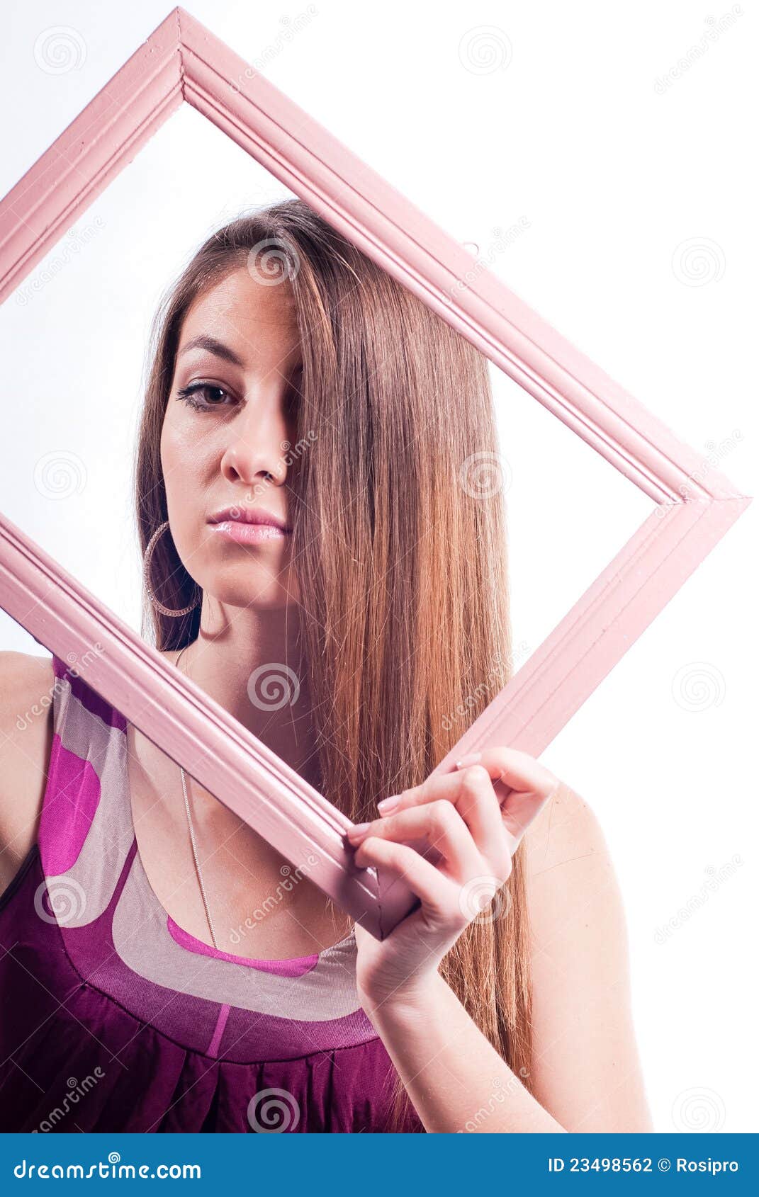 Beautiful Woman Looking through Wooden Frame Stock Photo - Image of ...
