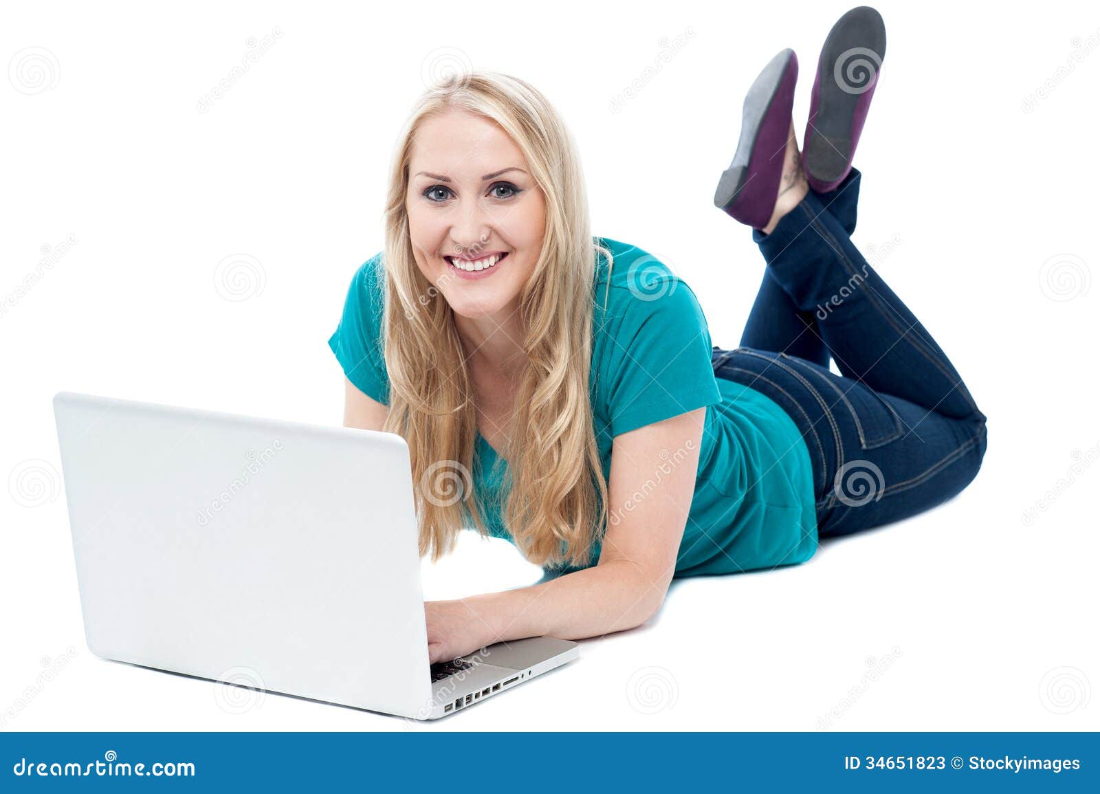 Beautiful Woman Lying on the Floor, Using Laptop Stock Image - Image of ...