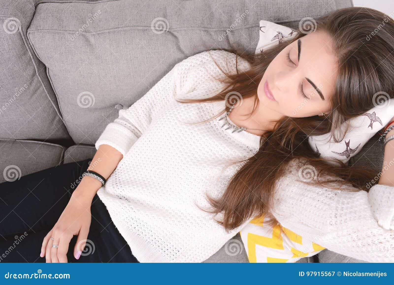 Beautiful Woman Lying and Relaxed on Couch Stock Image - Image of ...