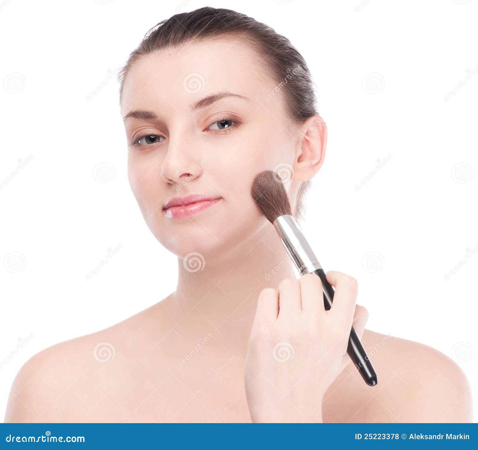 Beautiful Woman with Make Up Brush Stock Photo - Image of cheek, happy ...