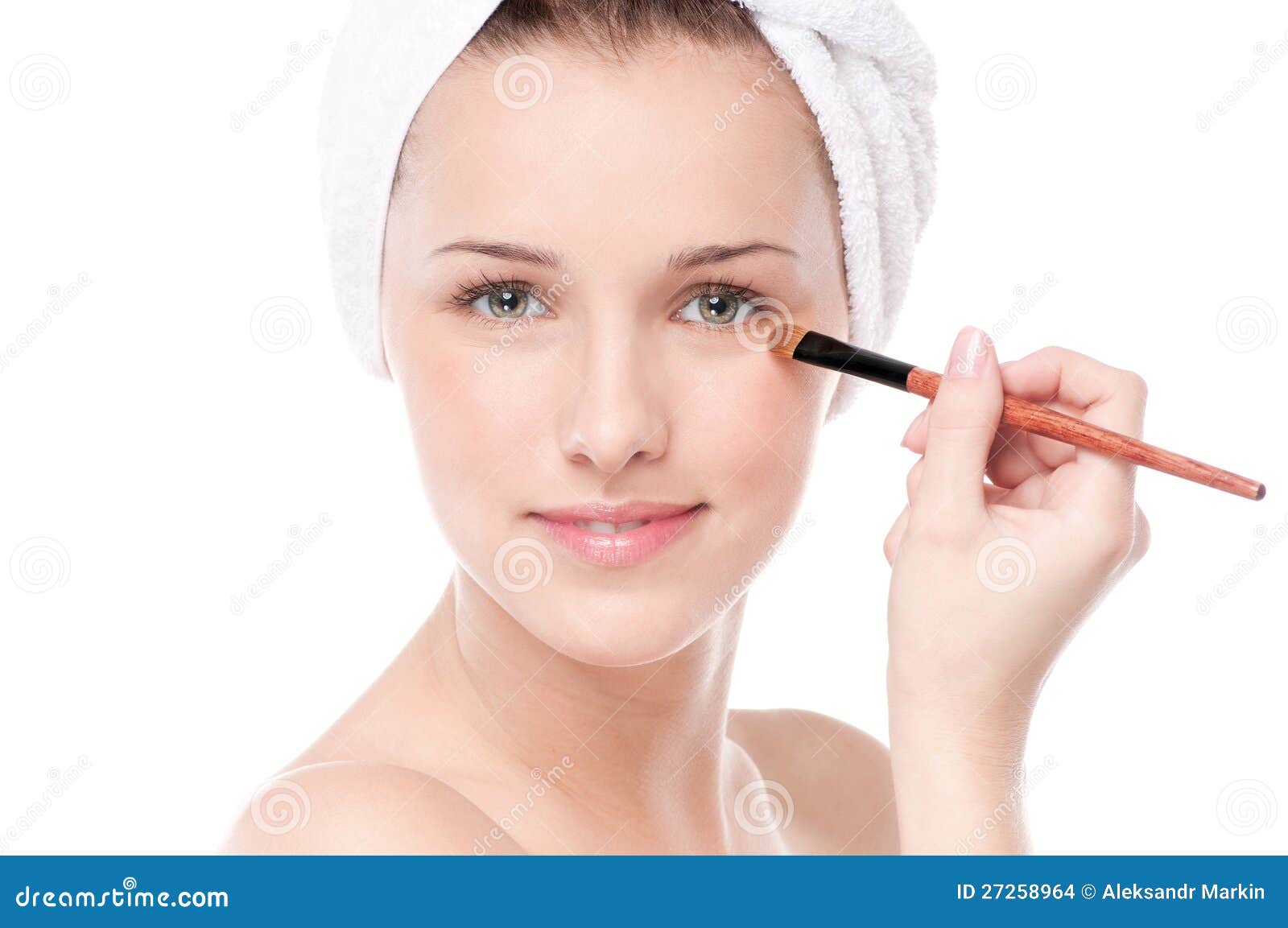 Beautiful Woman with Make Up Brush Stock Photo - Image of eyes, fresh ...