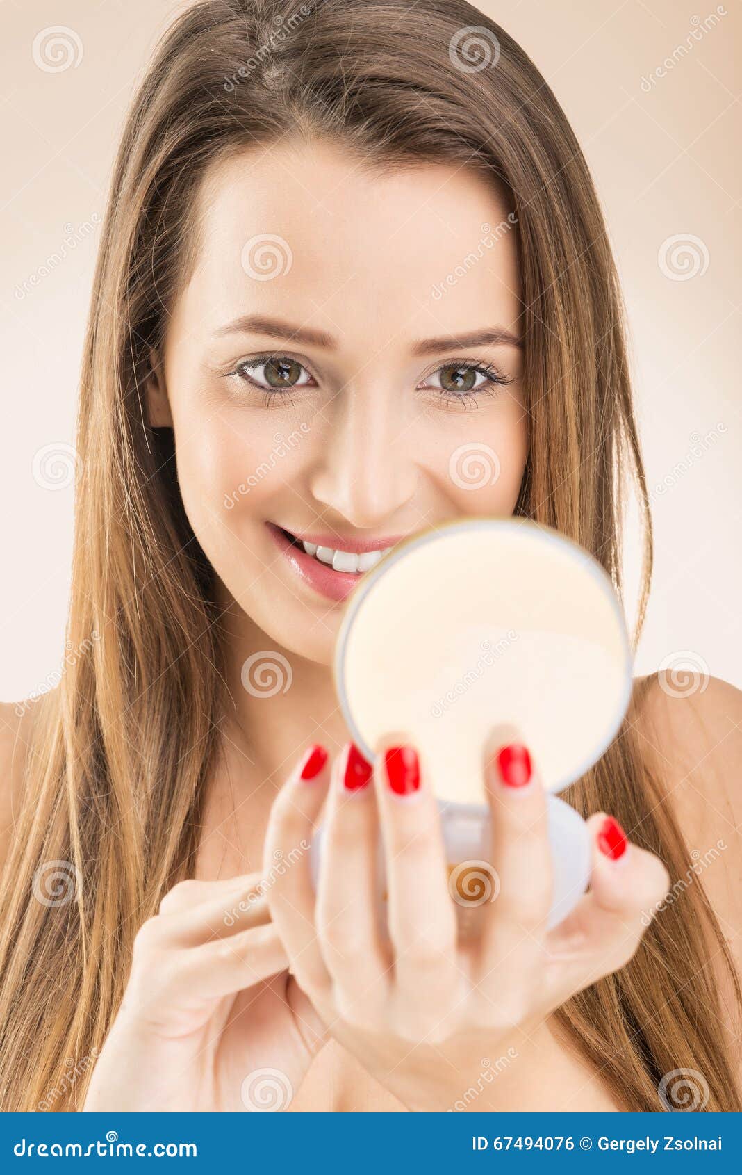 Beautiful Woman with Make-up Mirror and Makeup Brush Stock Photo ...