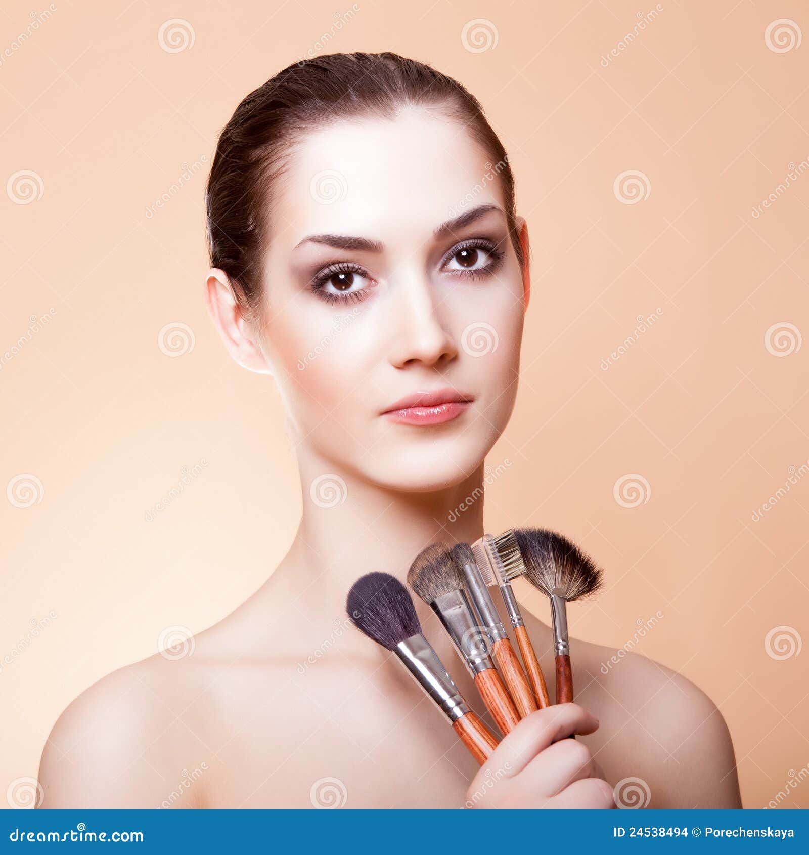 Beautiful Woman with Makeup Brushes Stock Photo - Image of health ...