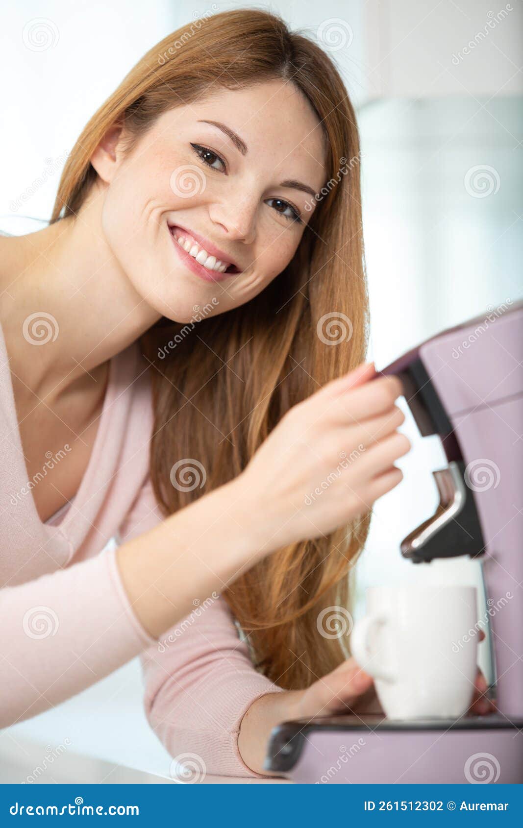 Beautiful Woman Making Coffee for Breakfast in Kitchen Stock Photo ...