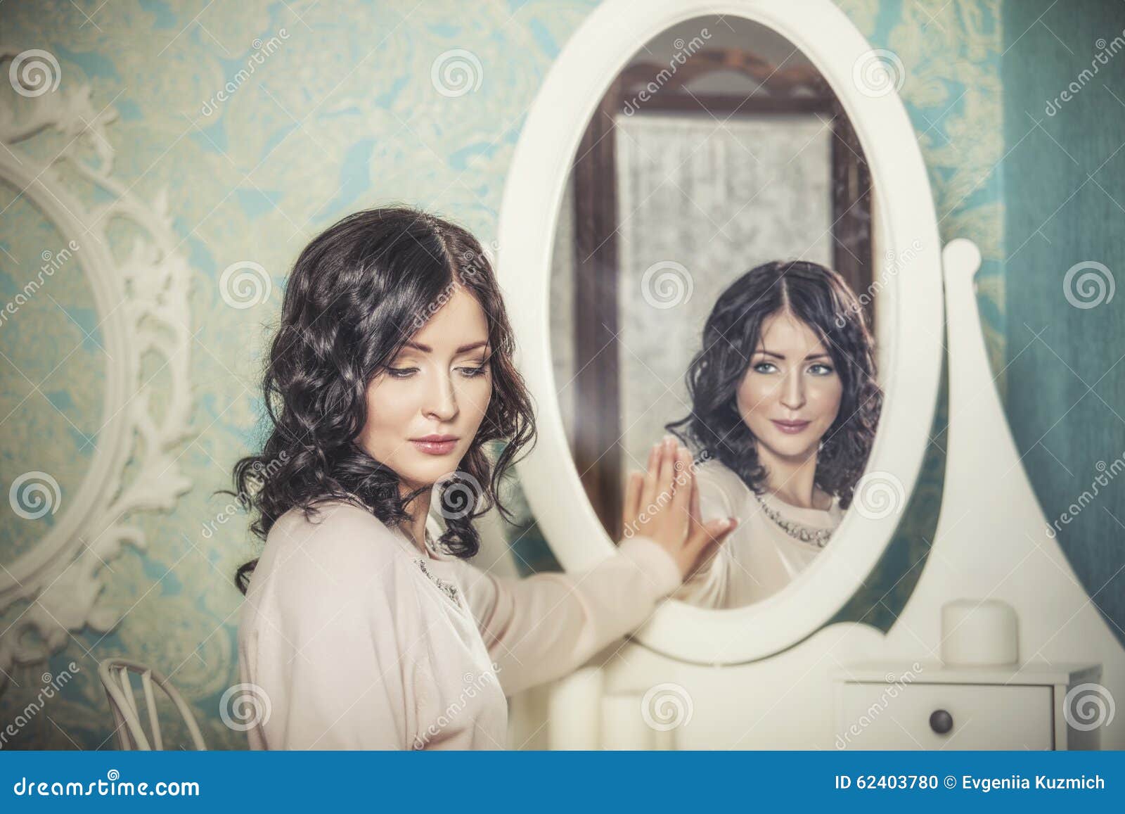 Beautiful Woman In The Mirror Reflected The Smiles Magically Stock