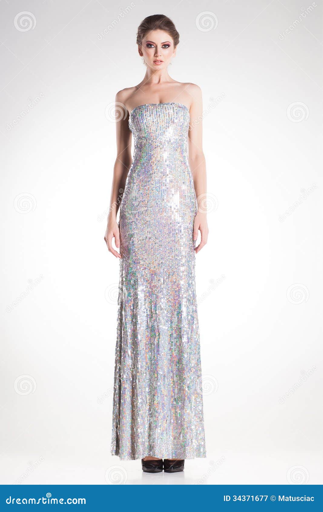 Beautiful Woman Model Posing in Long Elegant Silver Sequins Dress Stock ...