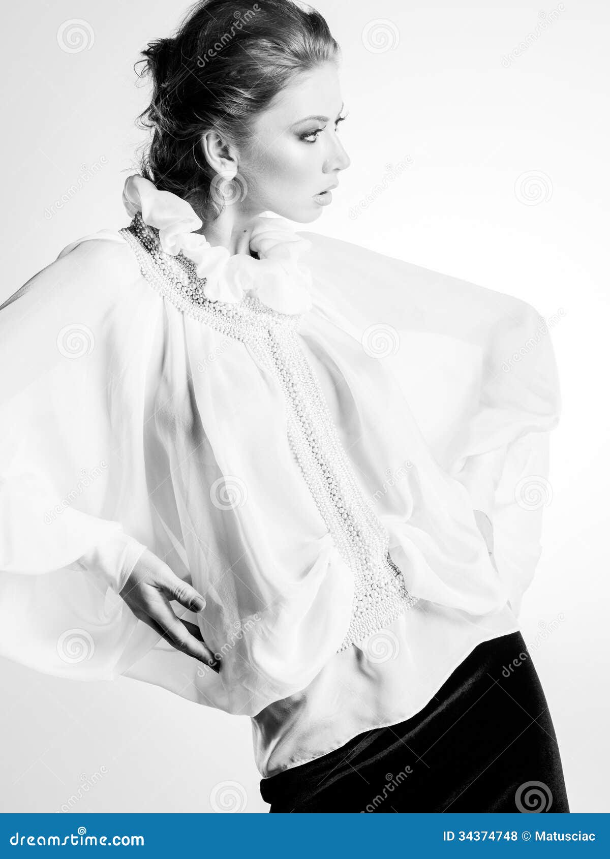 Beautiful Woman Model in White Elegant Blouse Posing Dramatic Stock ...