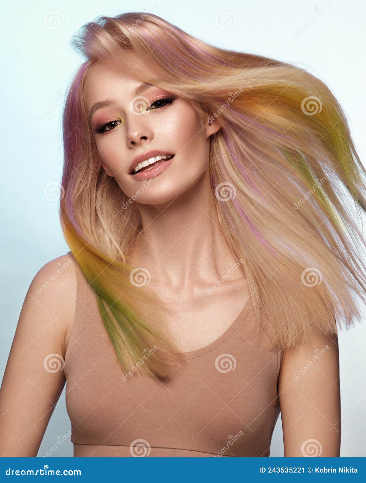 Beautiful Woman With Multi Colored Hair And Classic Make Up And