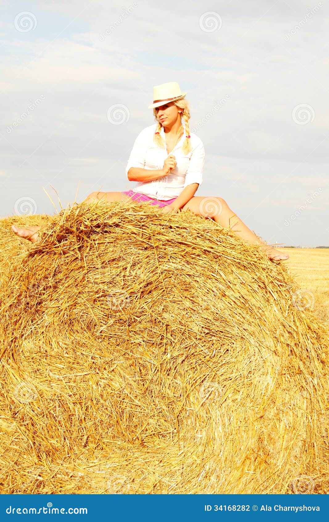Beautiful Woman Near Haystack Stock Photo - Image of enjoyment, cute ...