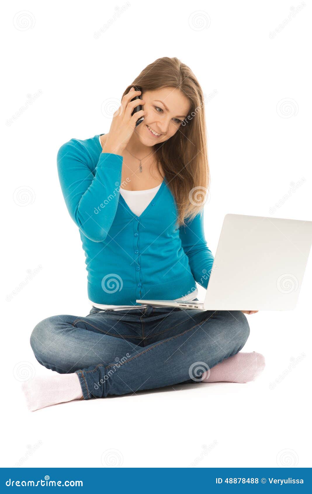 Beautiful Woman with a Notebook Calls Stock Photo - Image of cell ...