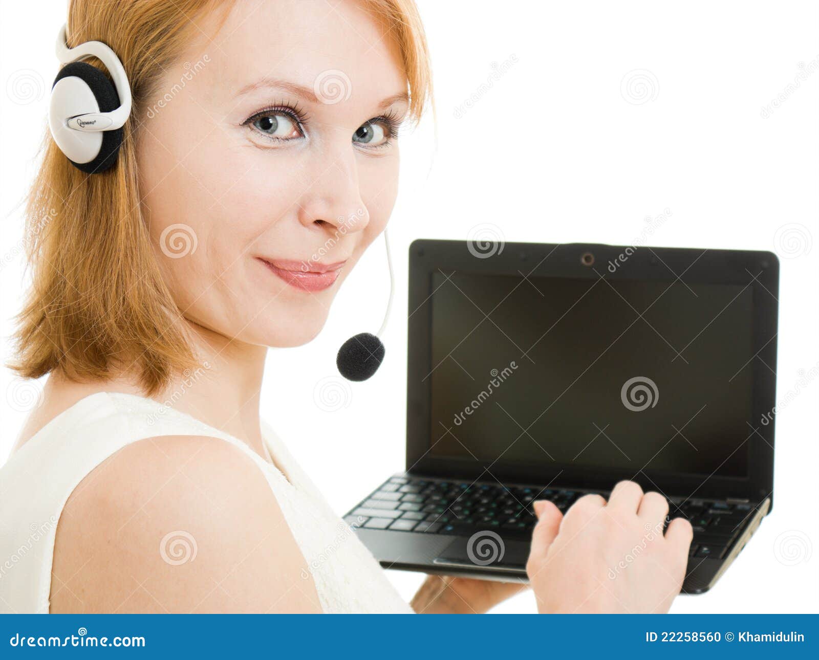 Beautiful Woman Operator with a Laptop Stock Photo - Image of message ...