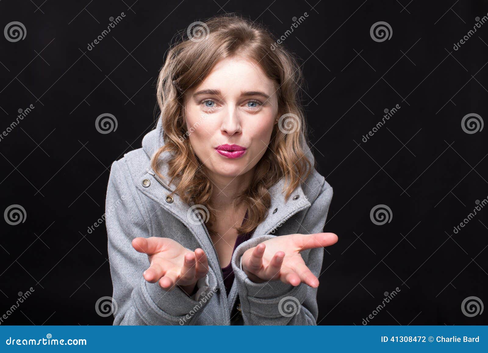 Beautiful Woman with Palms Out Stock Photo - Image of blue, merry: 41308472