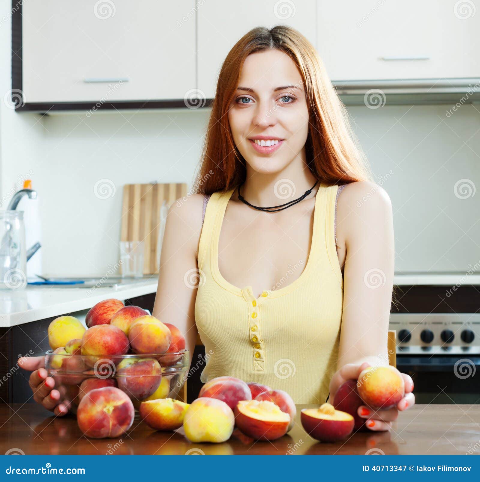 Beautiful Woman with Peaches at Table Stock Image - Image of fruit ...
