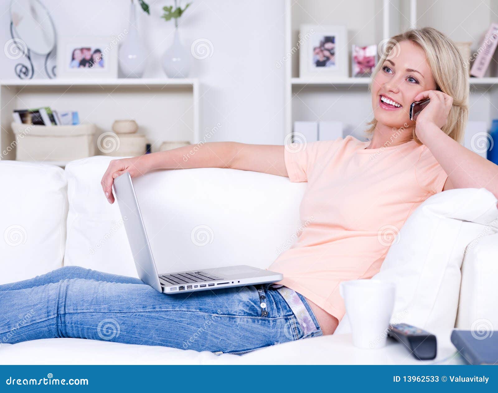 Beautiful Woman with Phone and Laptop Stock Image - Image of beautiful ...