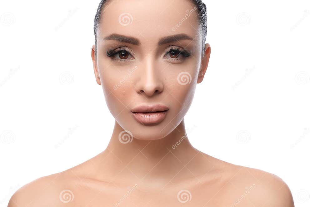 Beautiful Woman With Pink Lipstick On White Stock Image Image Of