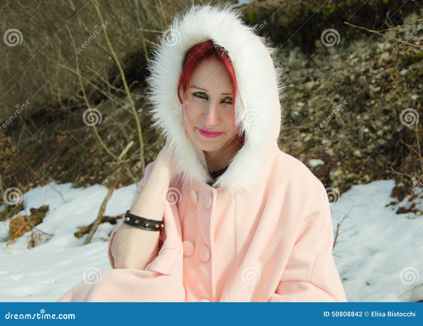 Beautiful Woman with Pink Winter Cape Stock Photo - Image of happy ...