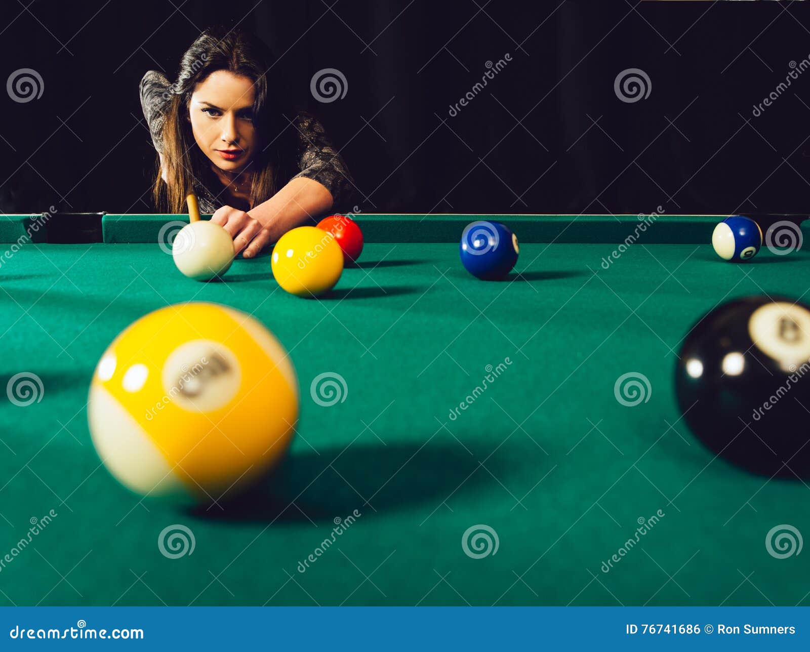 Beautiful Woman Playing Pool Stock Photo - Image of horizontal, leisure ...