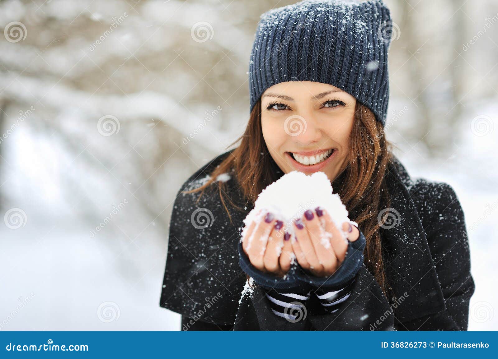 Beautiful Woman Playing with Snow in Park Stock Image - Image of nature ...